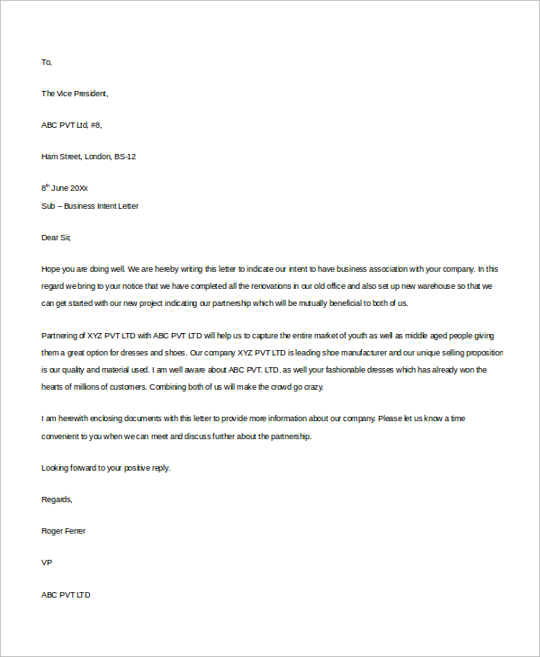 Word Letter Of Intent Sample Cover
