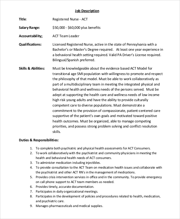 FREE 8 Sample Registered Nurse Job Description Templates In PDF MS Word
