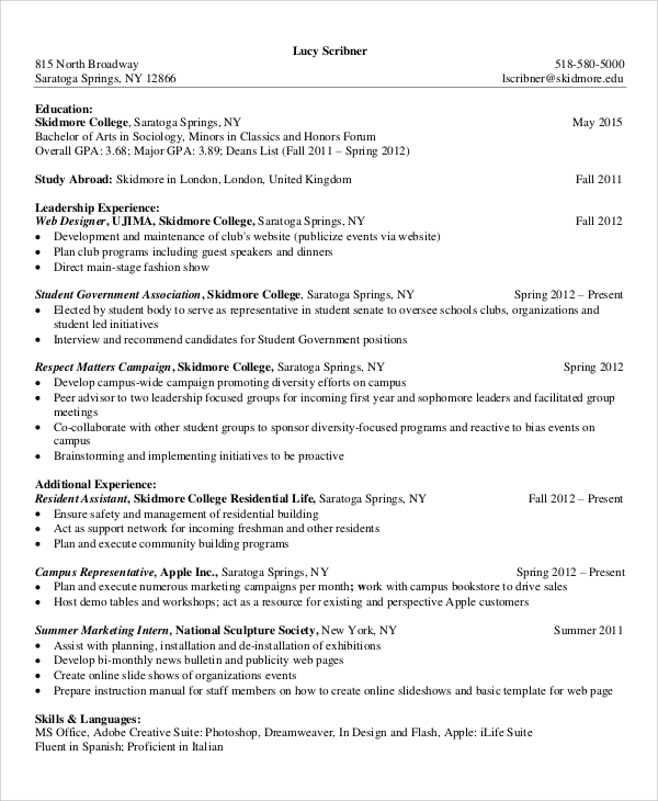 FREE 8 College Resume Samples In MS Word PDF