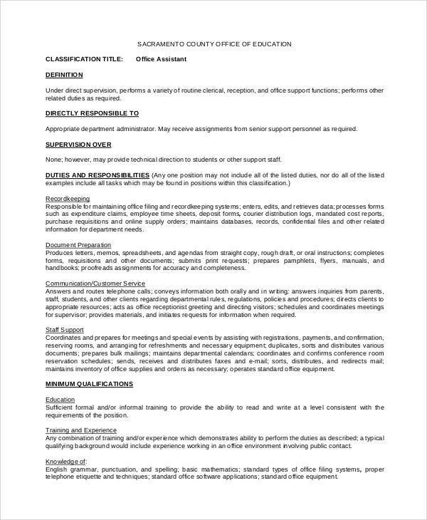 FREE 8 Sample Office Assistant Job Description Templates In PDF MS Word