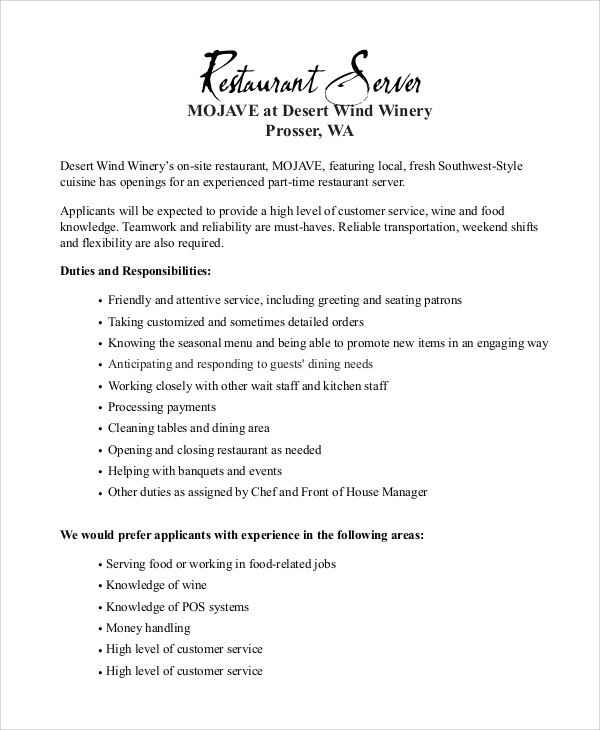 FREE 10 Sample Server Job Descriptions In PDF