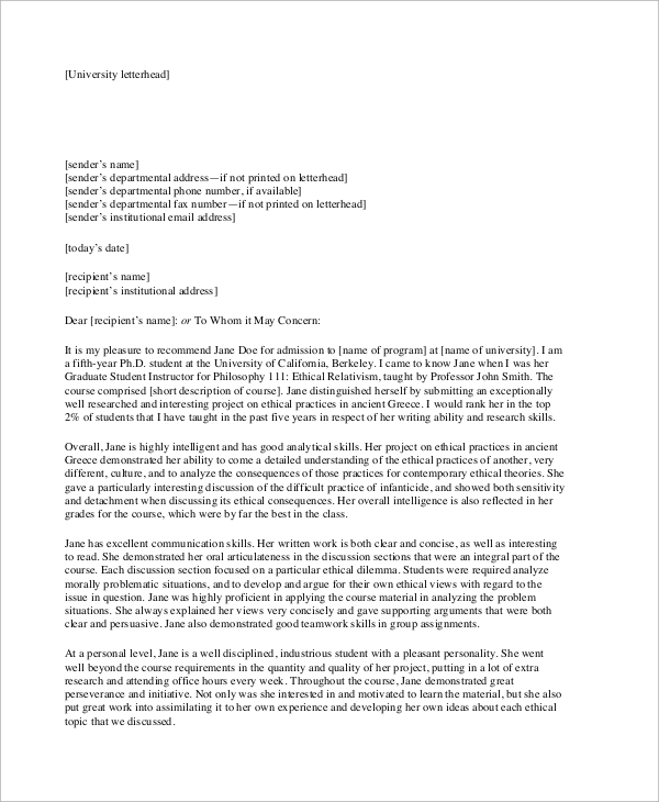 Letter Of Rec Template
