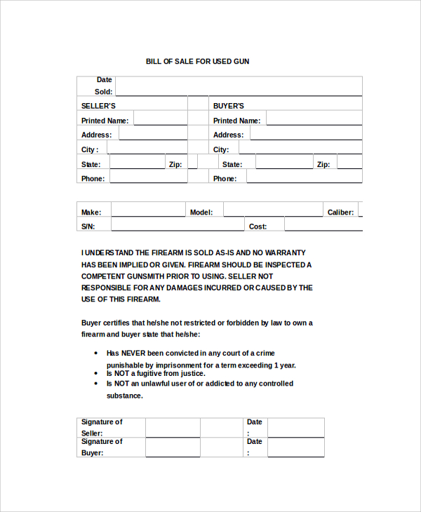 FREE 8 Sample Gun Bill Of Sale Templates In PDF MS Word