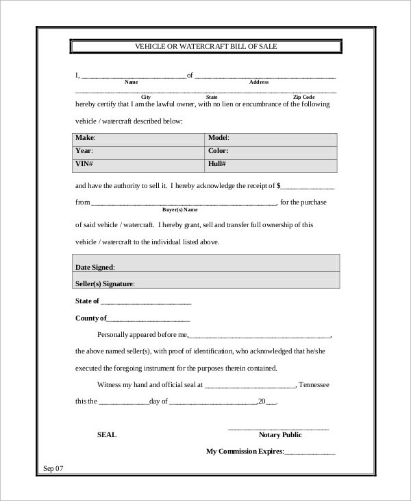 Standard Boat Bill Of Sale