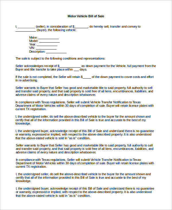 Printable Vehicle Bill Of Sale Template Word