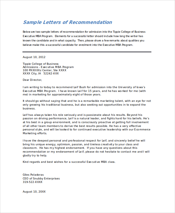 FREE 6 Sample College Recommendation Letter Templates In MS Word PDF