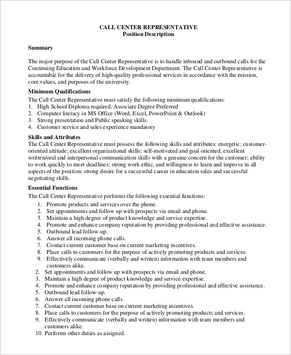 FREE 9 Sample Call Center Job Description Templates In PDF