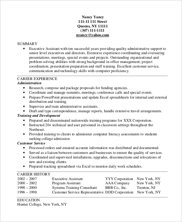 FREE 8 Sample Executive Assistant Resume Templates In MS Word PDF