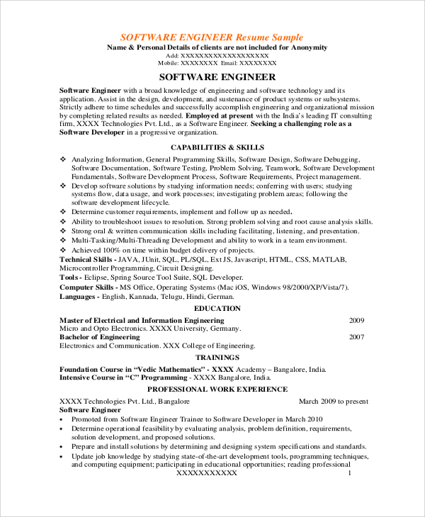 FREE 17 Sample Software Engineer Resume Templates In MS Word PDF
