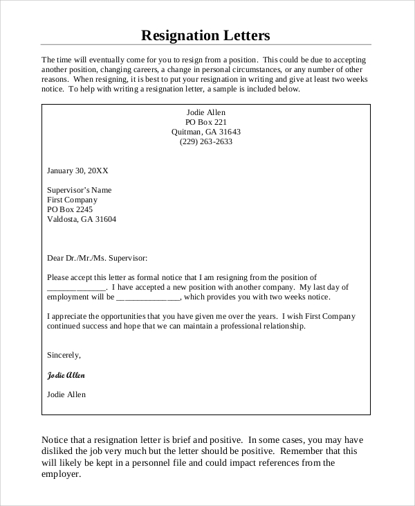 FREE 7 Sample Resignation Letter With 2 Week Notice Templates In MS 