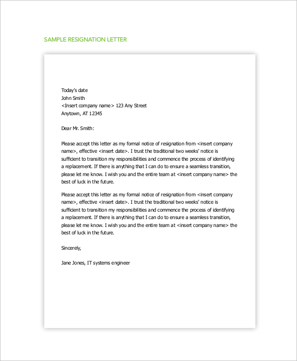 Formal 2 Week Notice Template Sample Resignation Letter