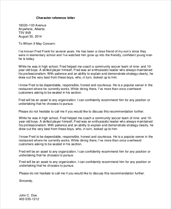Character Reference Letter For Job From Friend Cover Letter