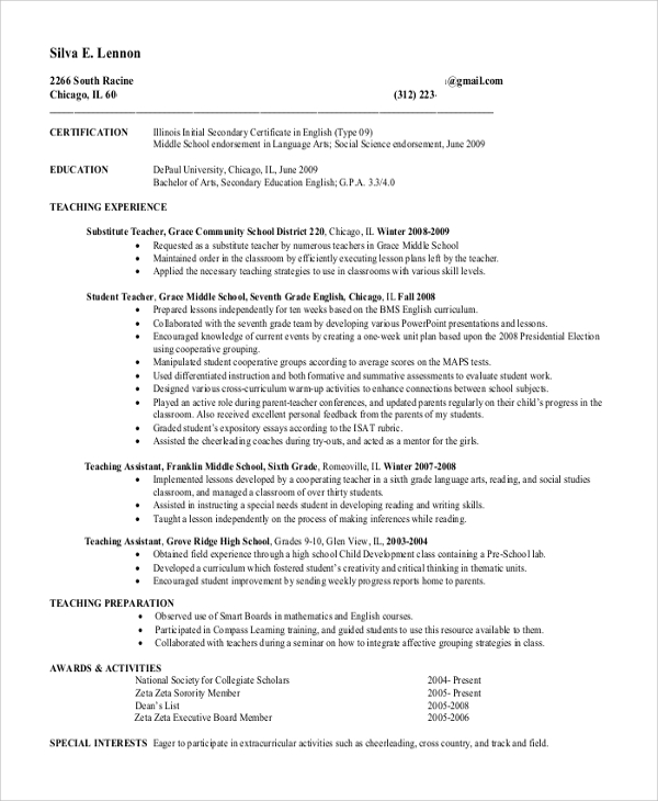 Free 9 Sample Teacher Resume Templates In Pdf Ms Word Riset