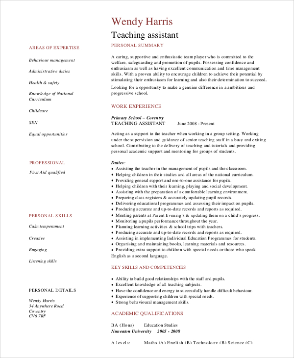 FREE 9 Sample Teacher Resume Templates In MS Word PDF