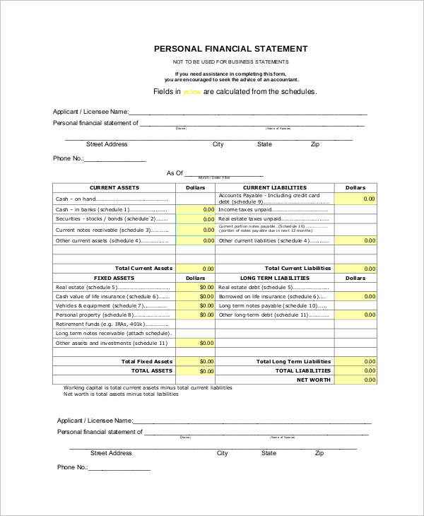 FREE 9 Sample Personal Financial Statement Forms In PDF