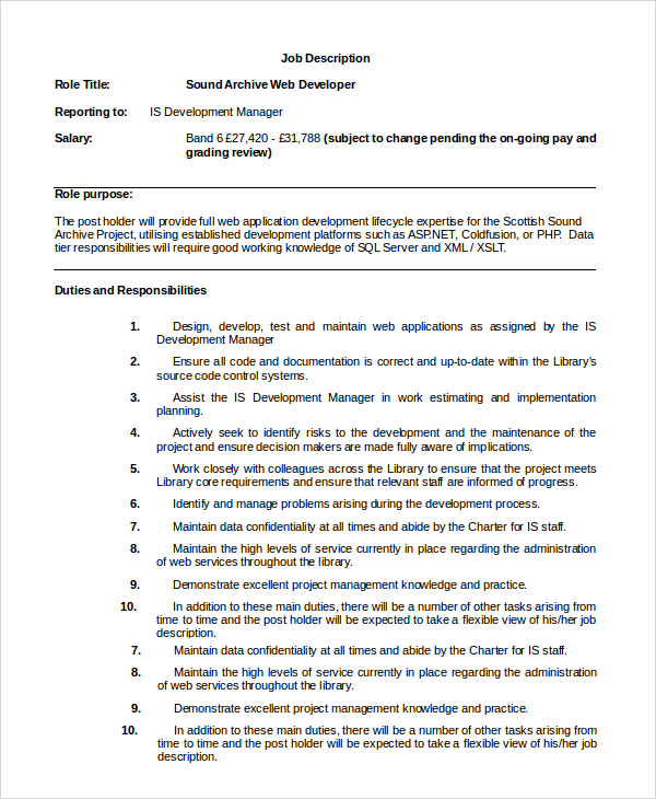 FREE 8 Sample Web Developer Job Description Templates In PDF MS Word