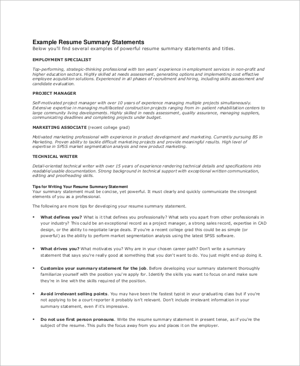Job Resume Summary Statement Examples