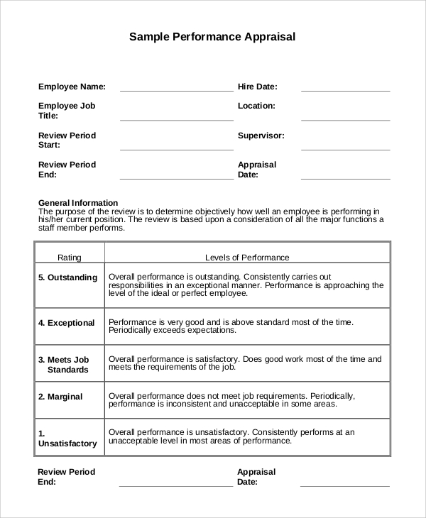 Performance Appraisal Sample Performance Evaluation PDF Template