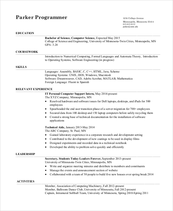 Sample Resume For Undergraduate Engineering Students Free Samples 