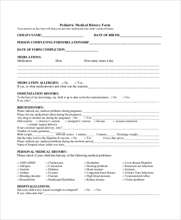 Pediatric Medical History Form Printable Printable Forms Free Online