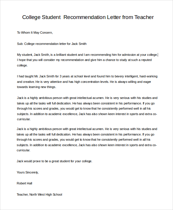 Sample College Recommendation Letter For A Student Letter Of
