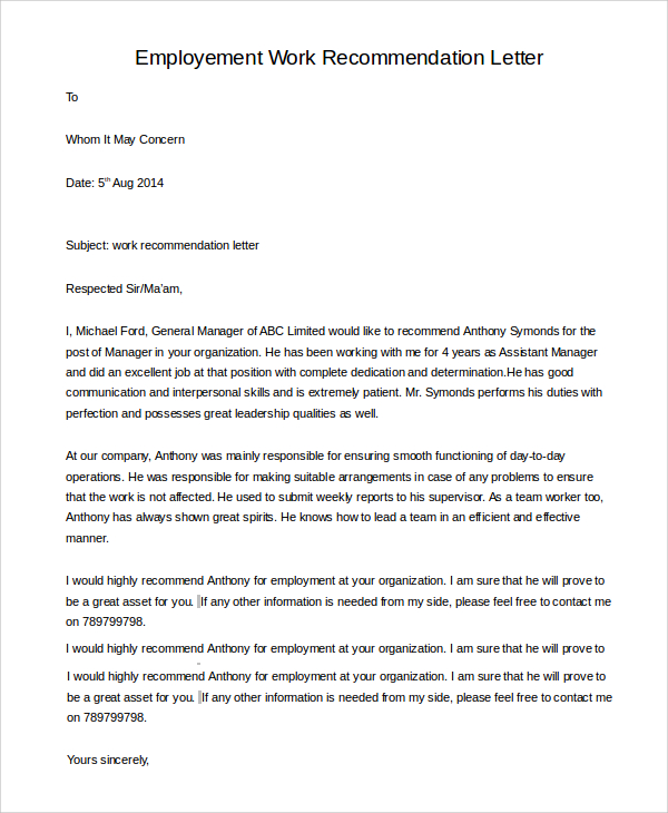 FREE 6 Sample Letter Of Recommendation For Employment In PDF MS Word