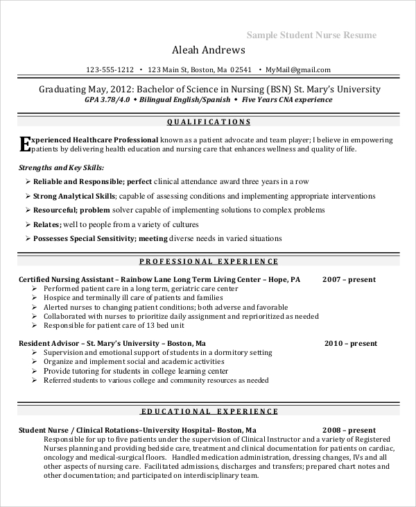 Experienced Nursing Resume Template Samples With Professional Summary 
