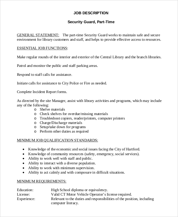 FREE 10 Sample Security Guard Job Description Templates In PDF MS Word