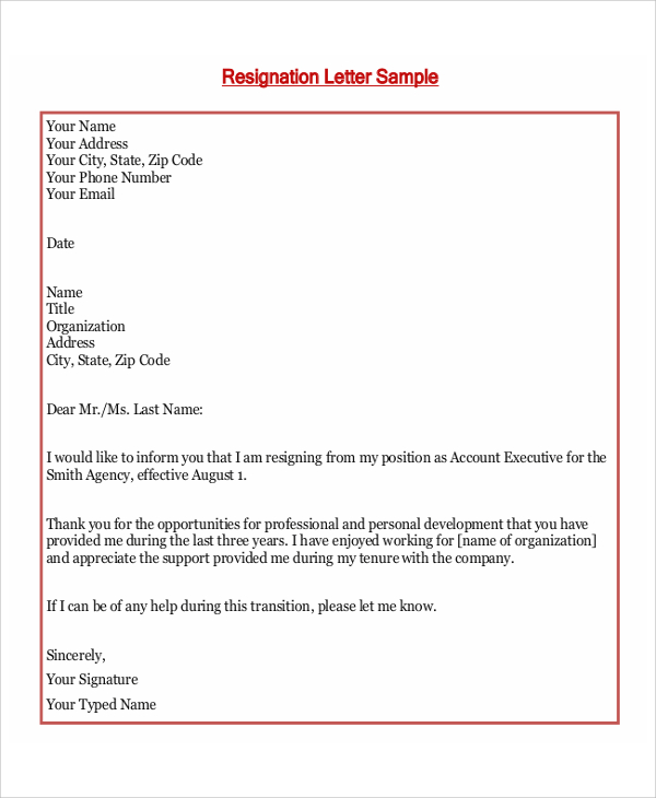 FREE 6 Formal Resignation Letter Samples In MS Word PDF