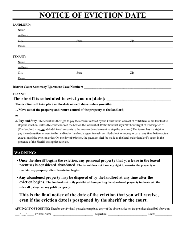 FREE 8 Sample Eviction Notice Forms In MS Word PDF