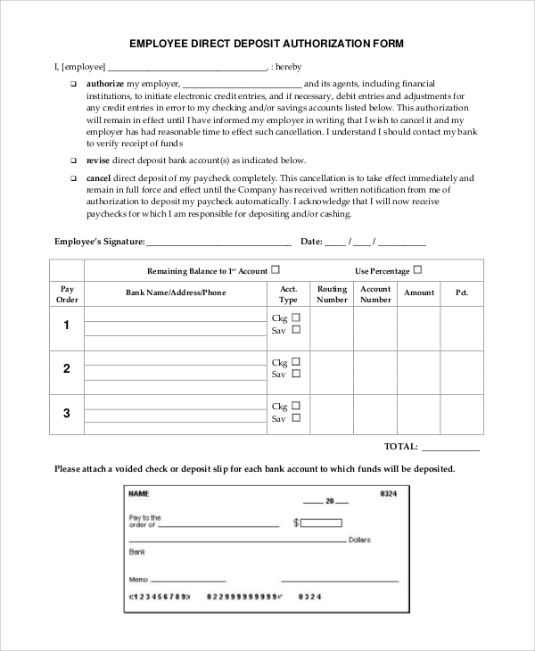 10 Sample Direct Deposit Authorization Forms Sample Templates