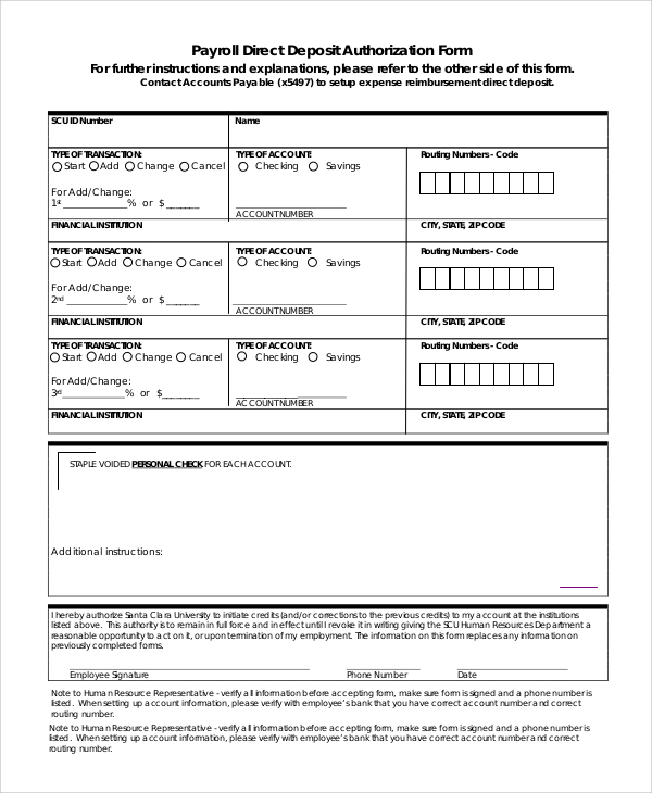 10 Sample Direct Deposit Authorization Forms Sample Templates