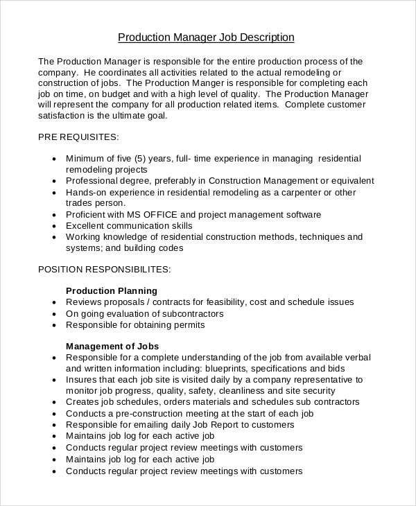 FREE 10 Sample Production Manager Job Description Templates In PDF