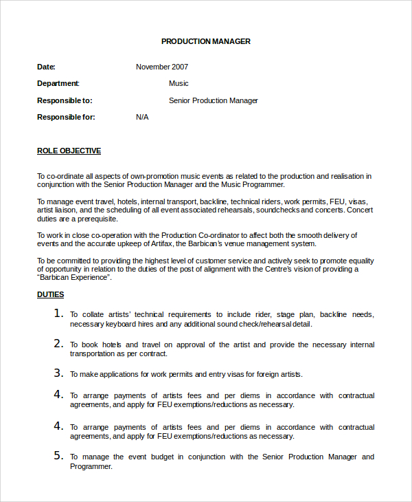FREE 10 Sample Production Manager Job Description Templates In PDF