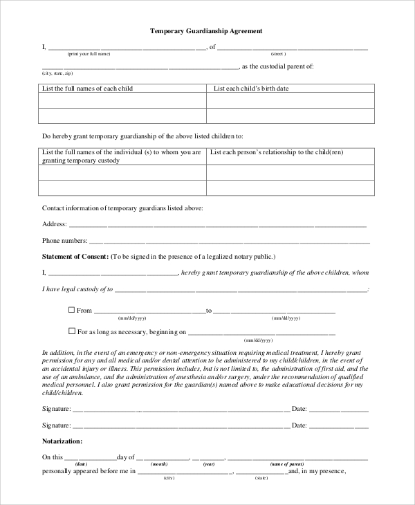 Free Template For Temporary Guardianship