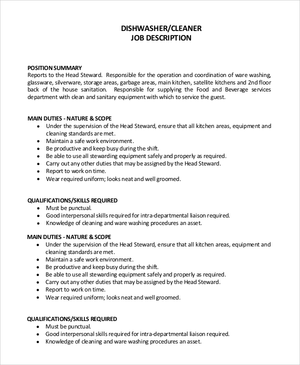 FREE 8 Sample Dishwasher Job Description Templates In PDF MS Word
