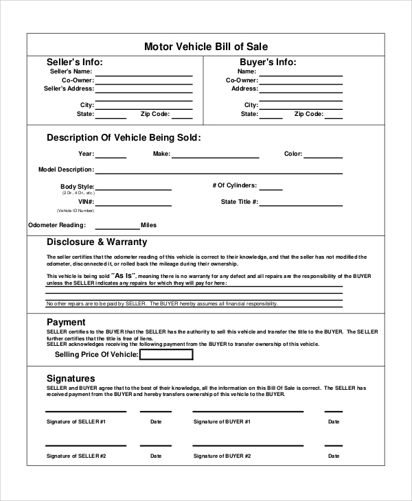 Motor Vehicle Bill Of Sale Colorado Word Template