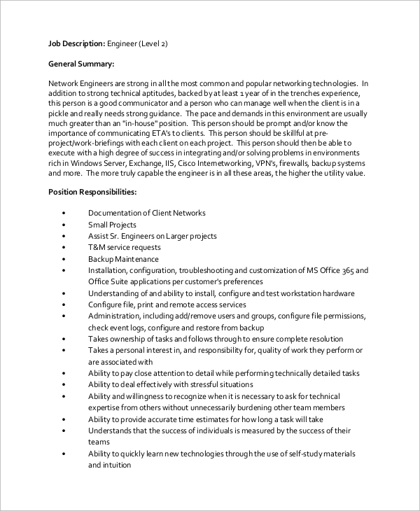 Network Engineer Job Description