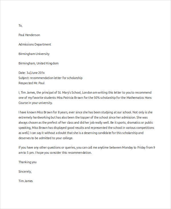 Sample Of A Recommendation Letter For A Student Scholarship 