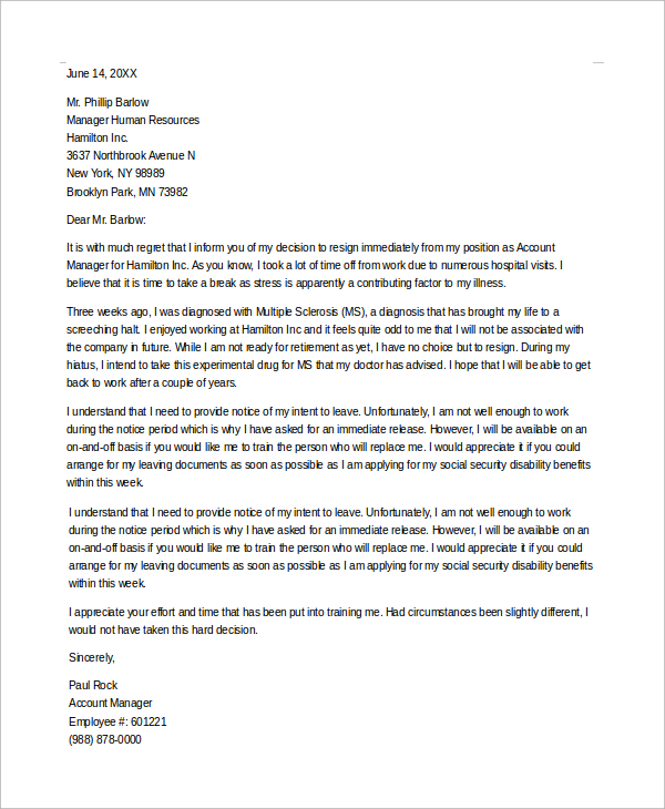 Letter Of Resignation Due To Health Reasons Sample Resignation Letter