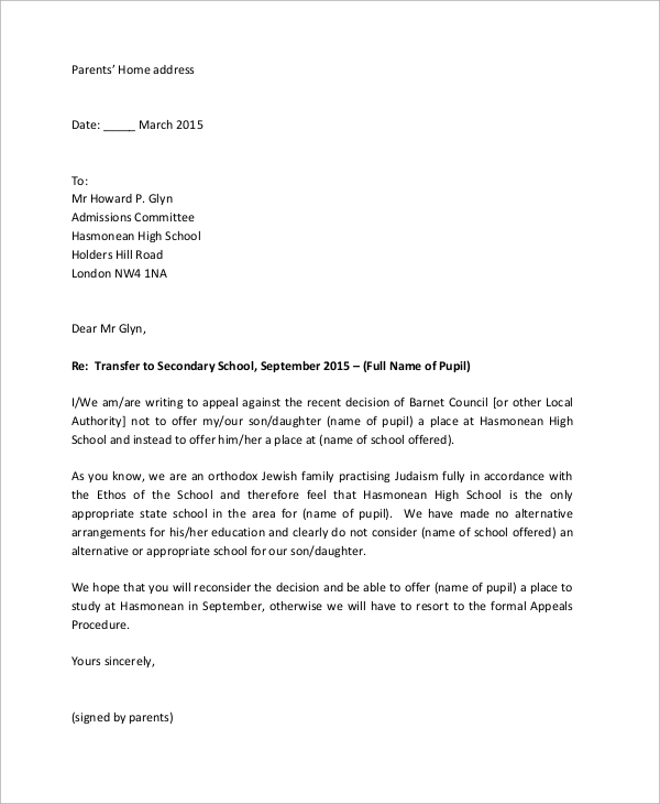 School Admission Sample Letter Of Appeal For Reconsideration On 