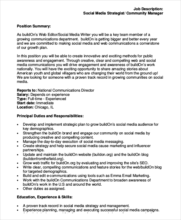 FREE 10 Sample Social Media Manager Job Description Templates In PDF 