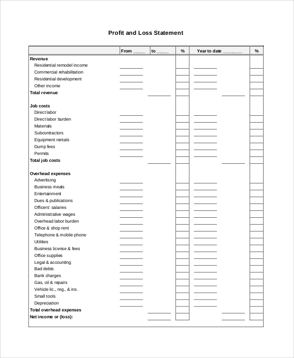 Construction Profit And Loss Template Excel