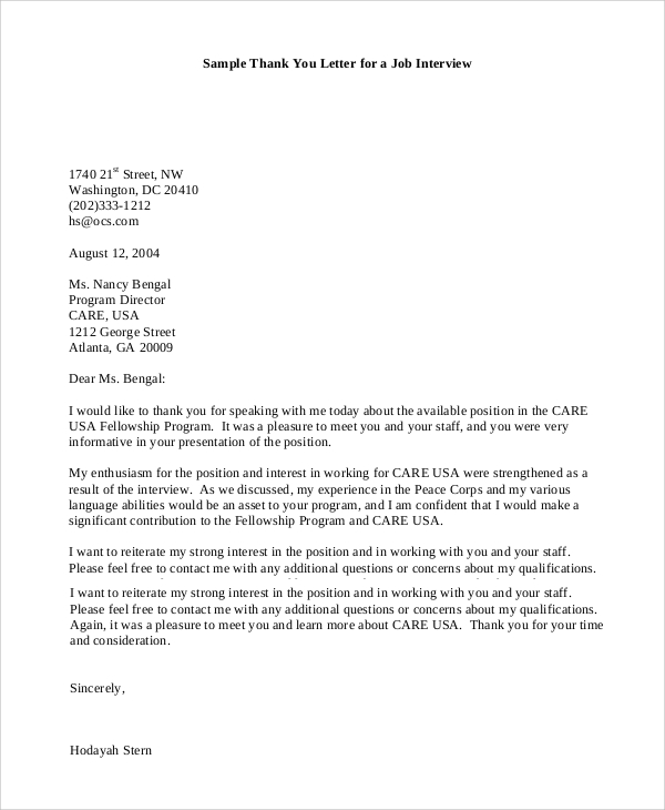 Letter Thank You For Interview Formal Job Interview Thank You Note 
