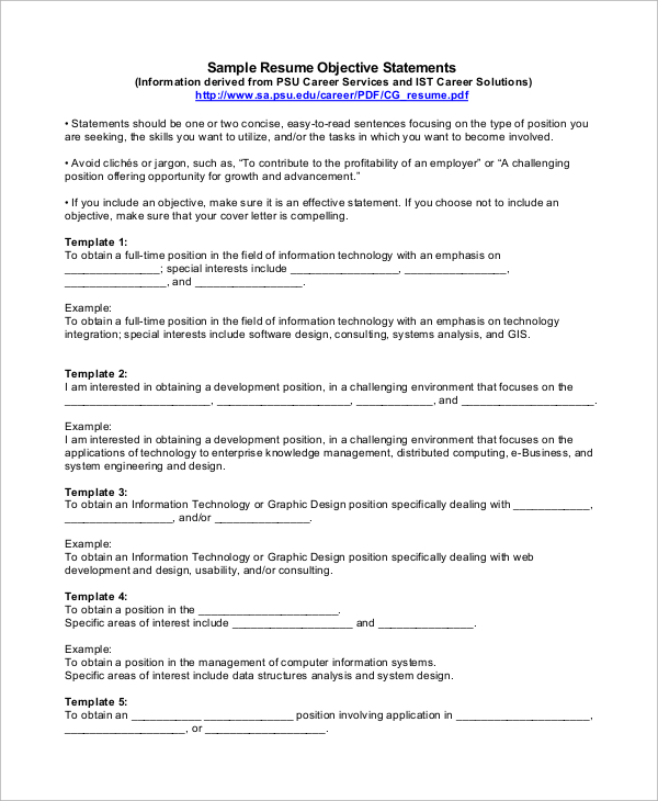 FREE 9 Sample Objective Statement For Resume Templates In PDF