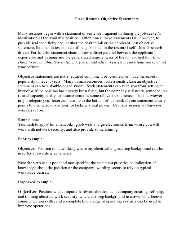 FREE 9 Sample Objective Statement For Resume Templates In PDF