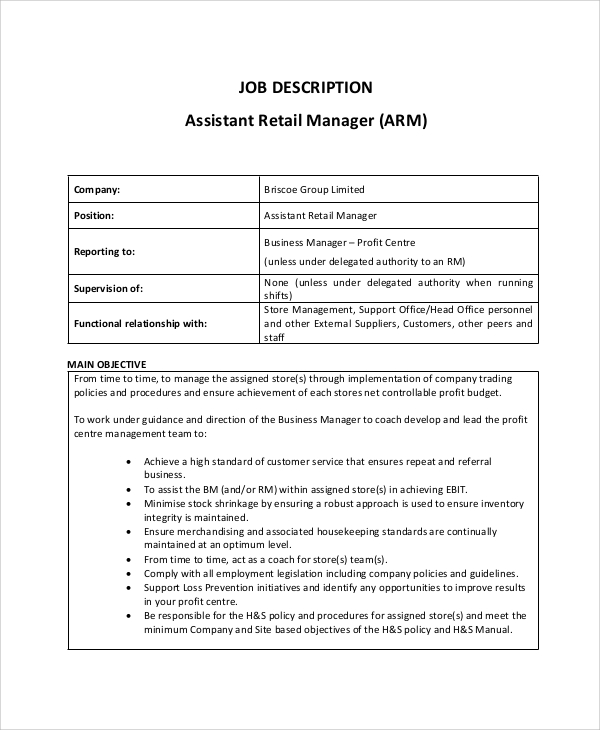 FREE 8 Sample Retail Job Description Templates In MS Word PDF