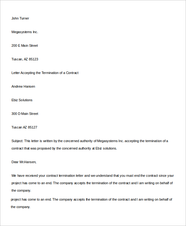 FREE 31 Contract Termination Letter Samples Templates In MS Word PDF