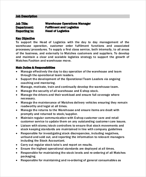 FREE 10 Sample Warehouse Manager Job Description Templates In PDF MS 