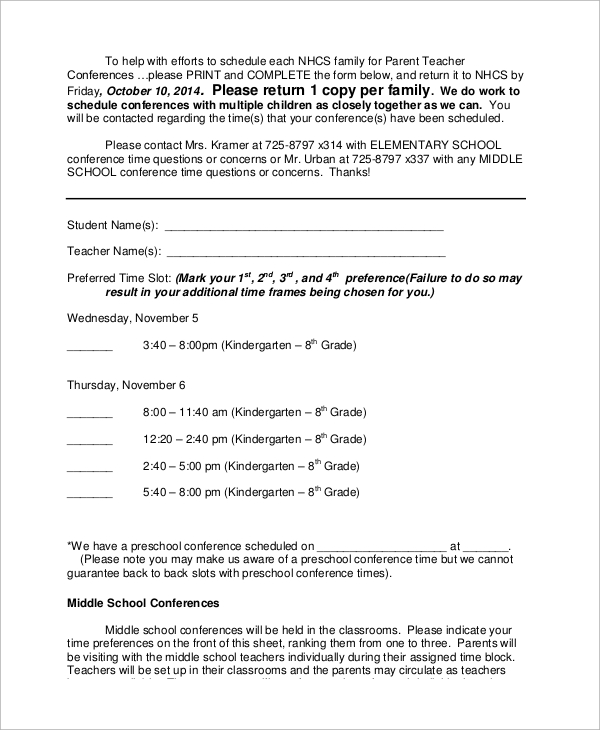 Elementary Printable Parent Teacher Conference Form Printable Forms 